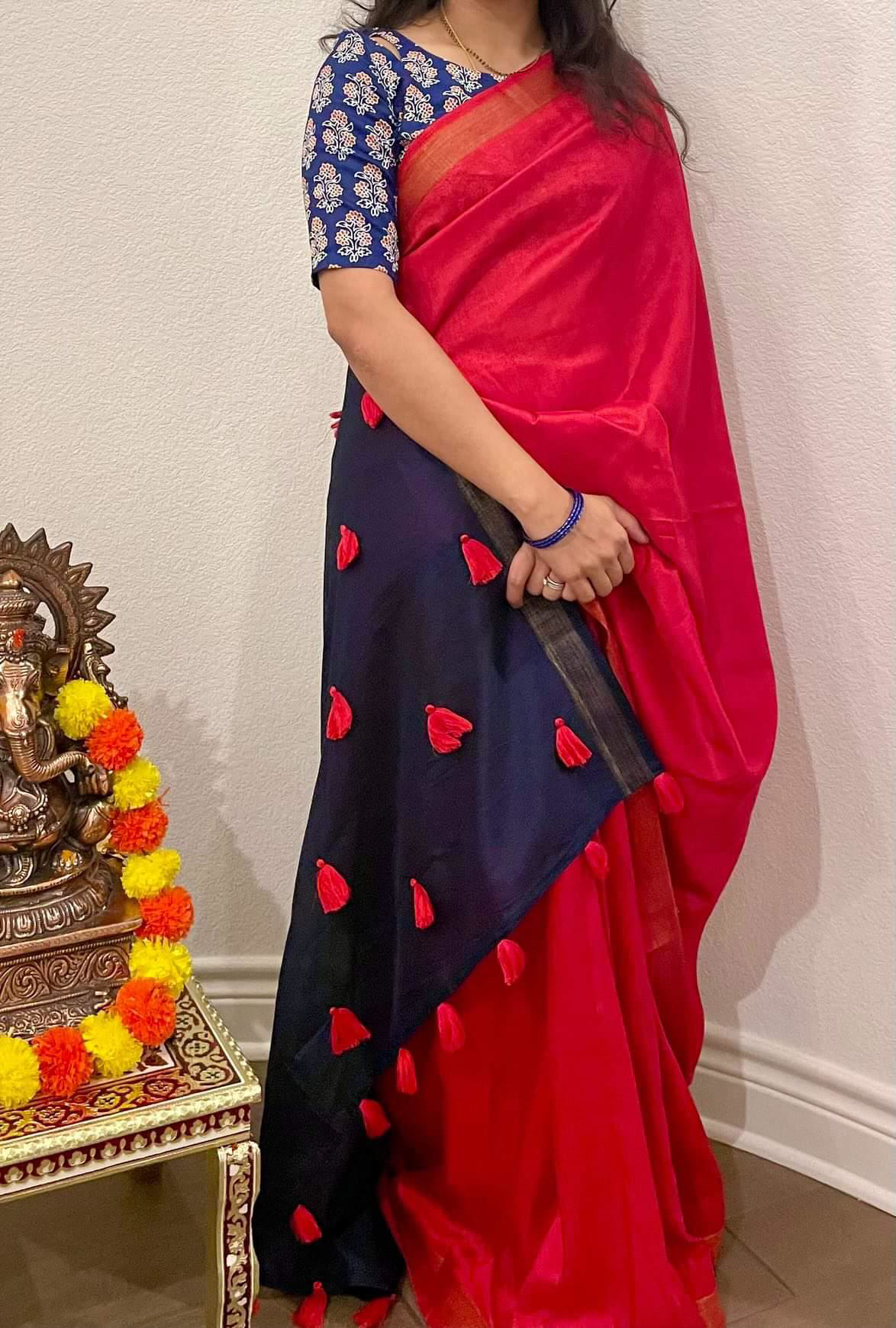 PunarviAuthentic|PreLoved|SustainableRed and Navy Blue Fancy Saree